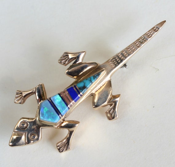 Lizard Gecko Pin Navajo Indian Pin Brooch 14k Gold Op… - Gem