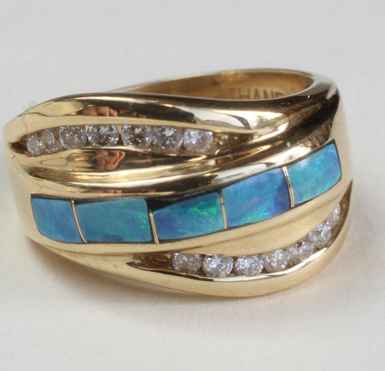 Australian Opal Diamond Inlay Inlaid Ring 14k Gold - Etsy
