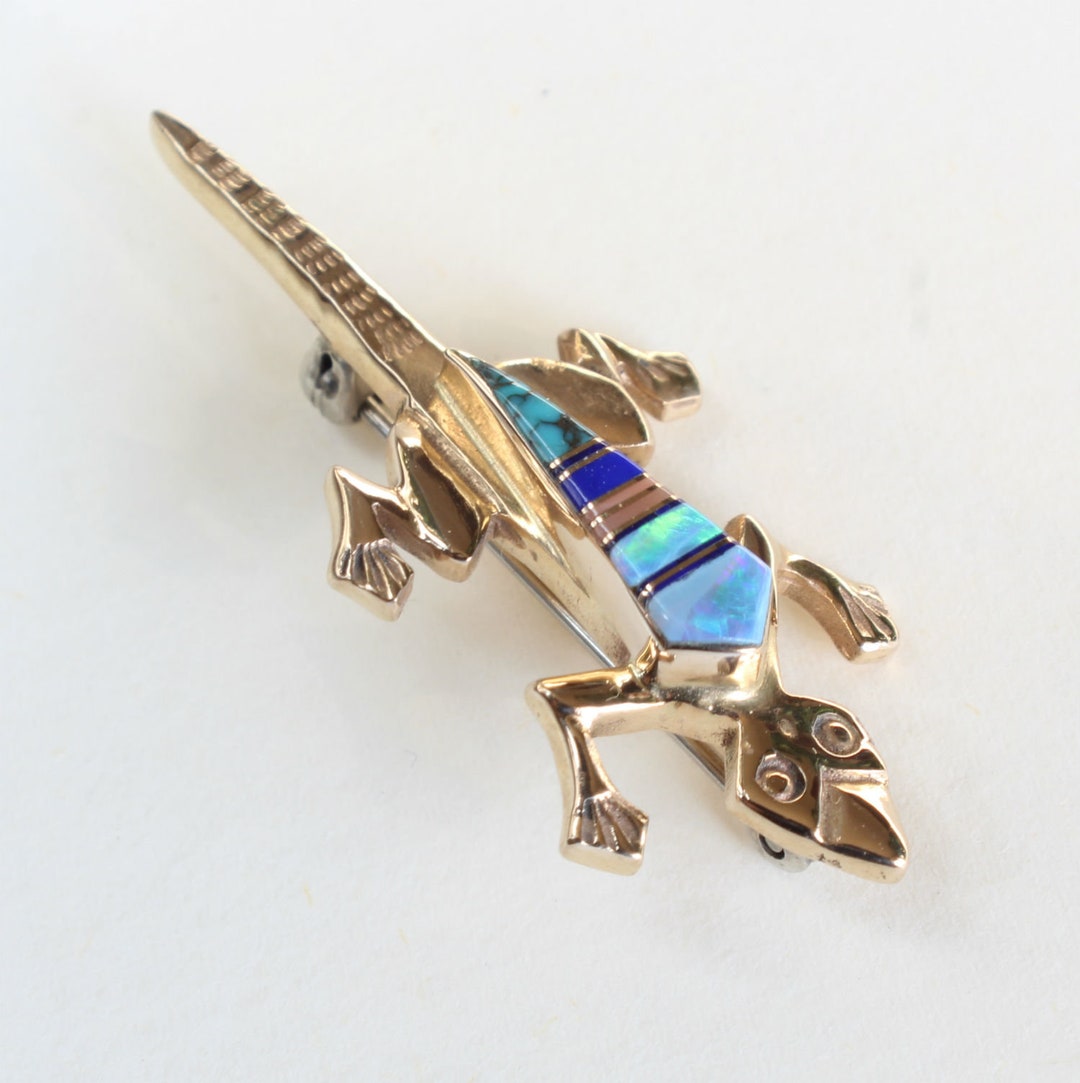 Lizard Gecko Pin Navajo Indian Pin Brooch 14k Gold Opal Onyx Coral ...