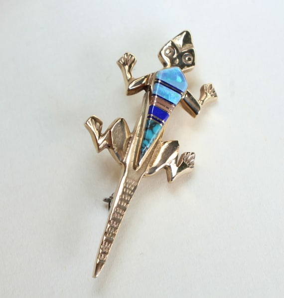 Lizard Gecko Pin Navajo Indian Pin Brooch 14k Gold Op… - Gem