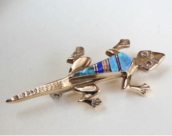 Lizard Gecko Pin Navajo Indian Pin Brooch 14k Gold Op… - Gem