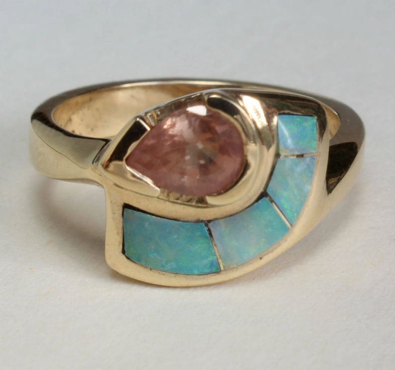 Opal Inlay Ring Pink Saphire 14k Gold Australian Opal | Etsy
