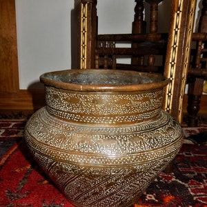 Antique Islamic Pot, Large Jardiniere, Hand Etched Pot, Brass Plant Pot ...