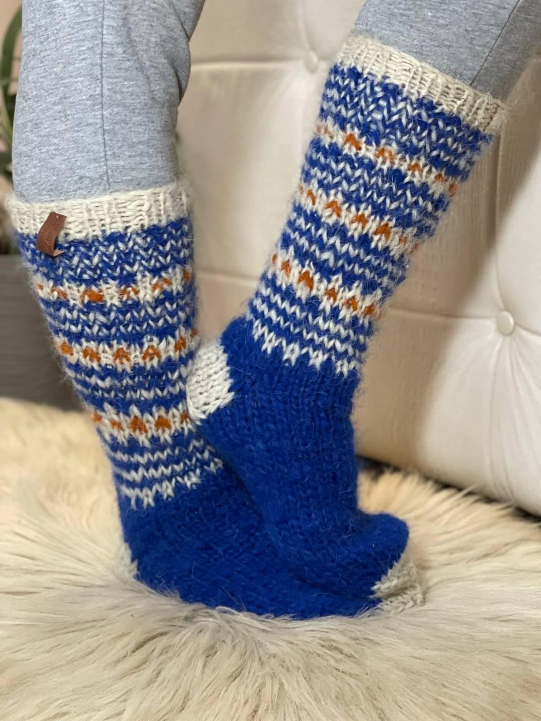 Hand Knit Wool Socks US 5–15 | Blue White Orange Wool Socks | Merino ...