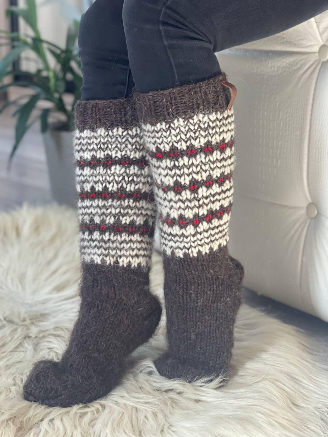 Hand Knitted Wool Knee High Slipper Socks | Brown & Cream Tall Knit ...