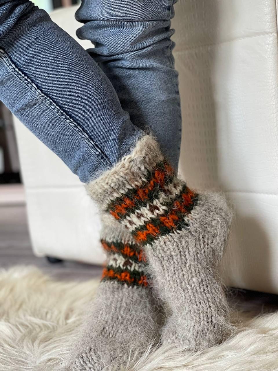 Cozy Handknitted Fuzzy Gray Socks With Multicolor Striped Cuff ...