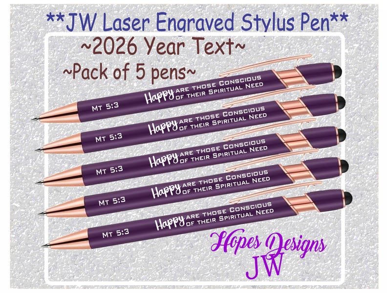 JW Laser Engraved Stylus Pen: 2026 Year Text - Pack of 5 Deep Purple ...