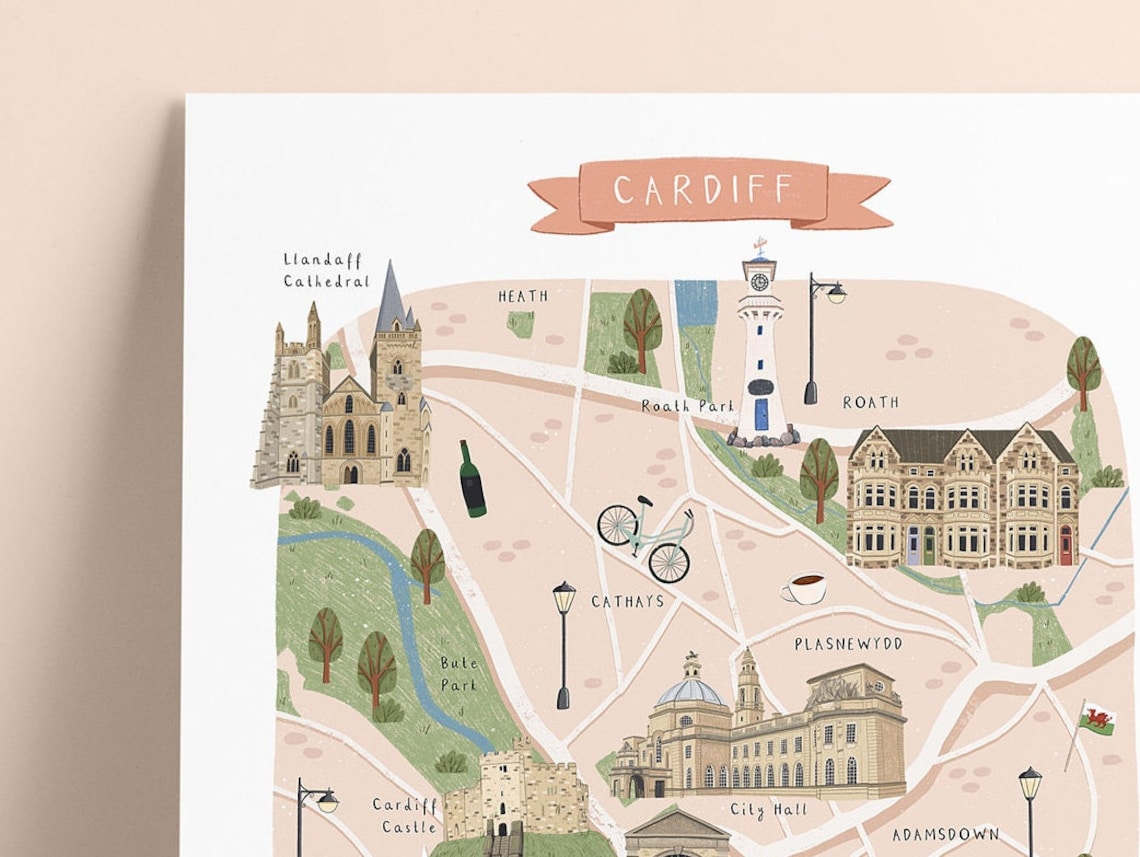 Cardiff Map, Illustrated Map of Cardiff, Cardiff Print, Cardiff Art ...