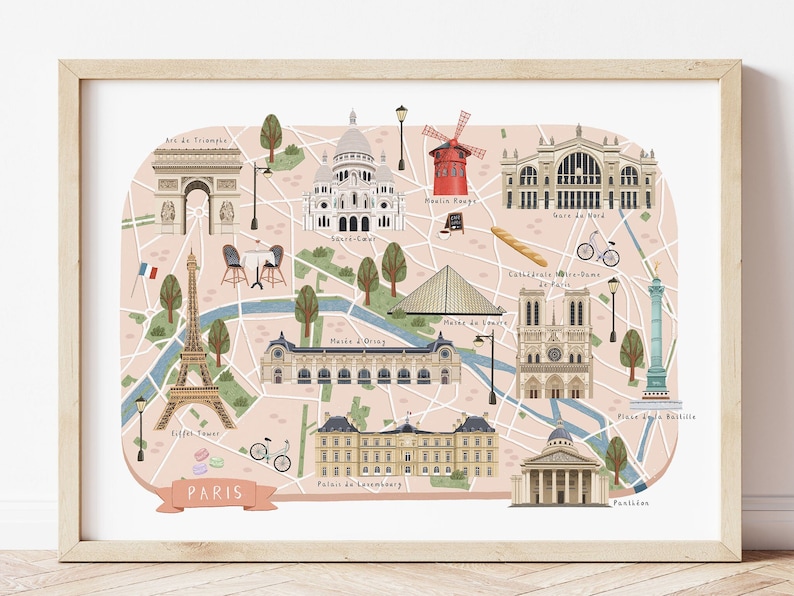 Paris Map Illustrated Map of Paris Paris Print Paris Art - Etsy