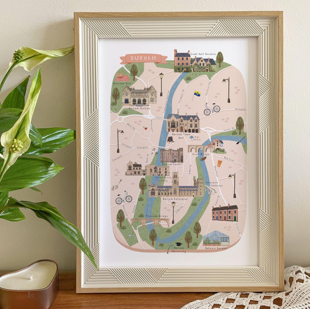 Durham Map Print, Illustrated Map of Durham, Durham City Poster, Durham ...