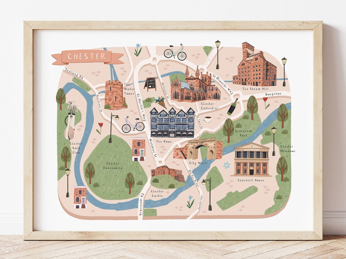 Chester Map Illustrated Map of Chester Chester Poster - Etsy UK