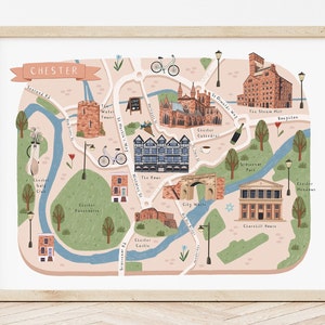 Chester Map, Illustrated Map of Chester, Chester Poster, Chester Print ...