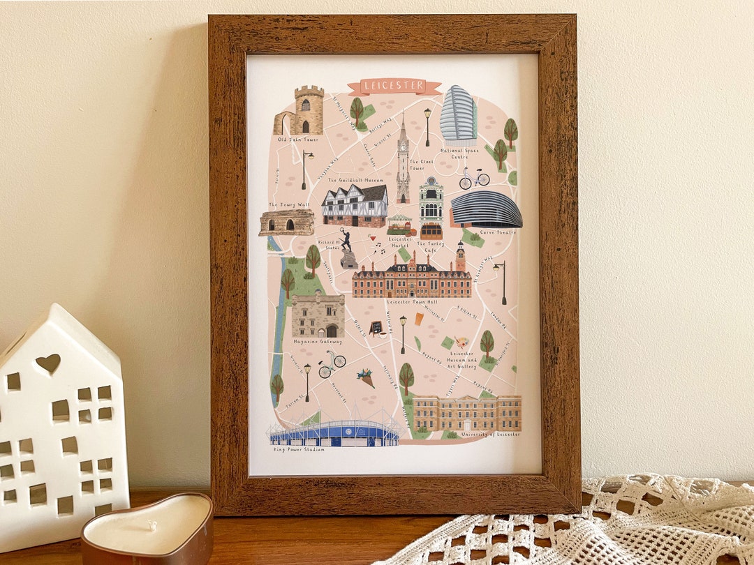 Leicester Map, Illustrated Map of Leicester, Leicester Print, Leicester ...