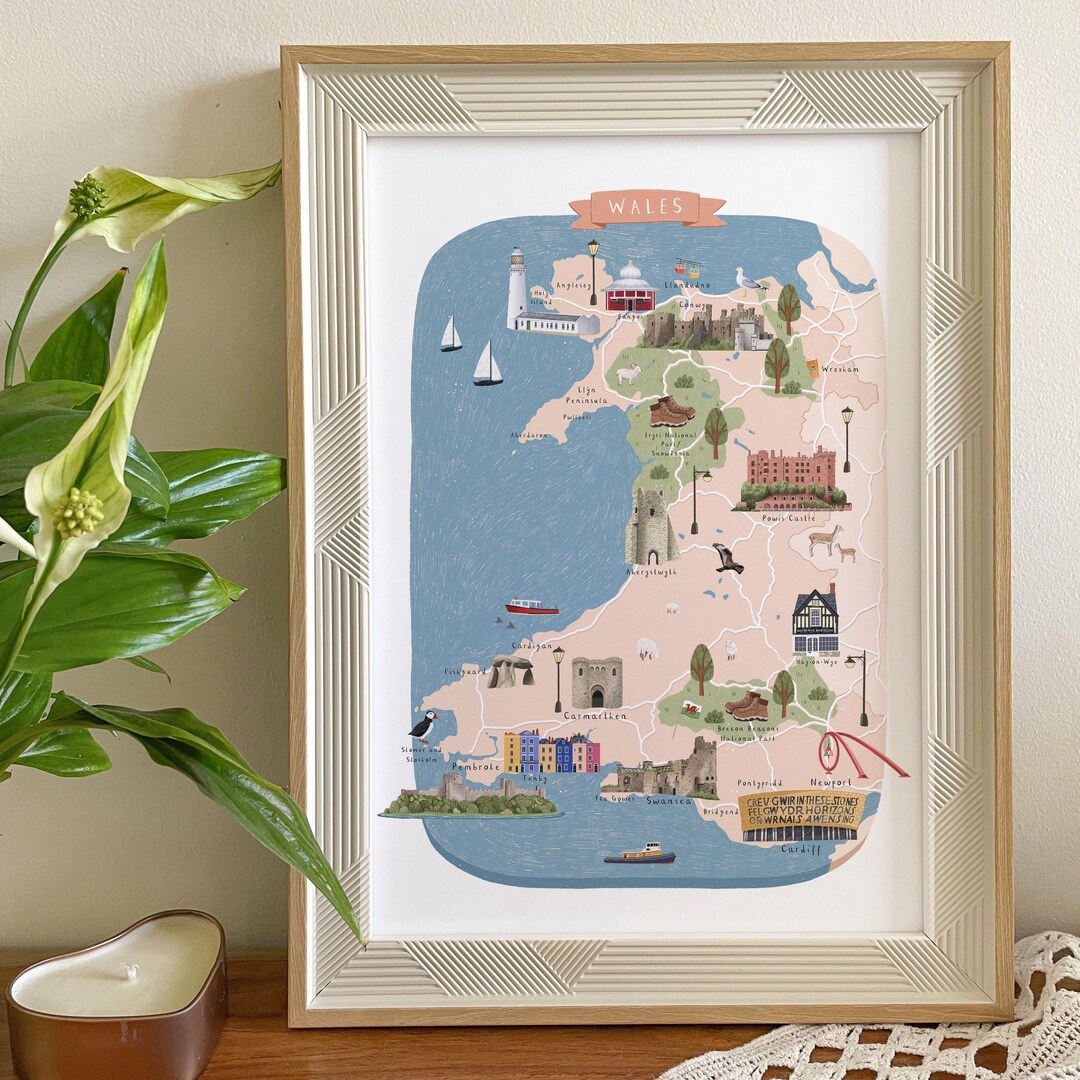 Wales Map, Illustrated Map of Wales, Wales UK Print, Wales Travel Poster, Wales Poster, Wales ...