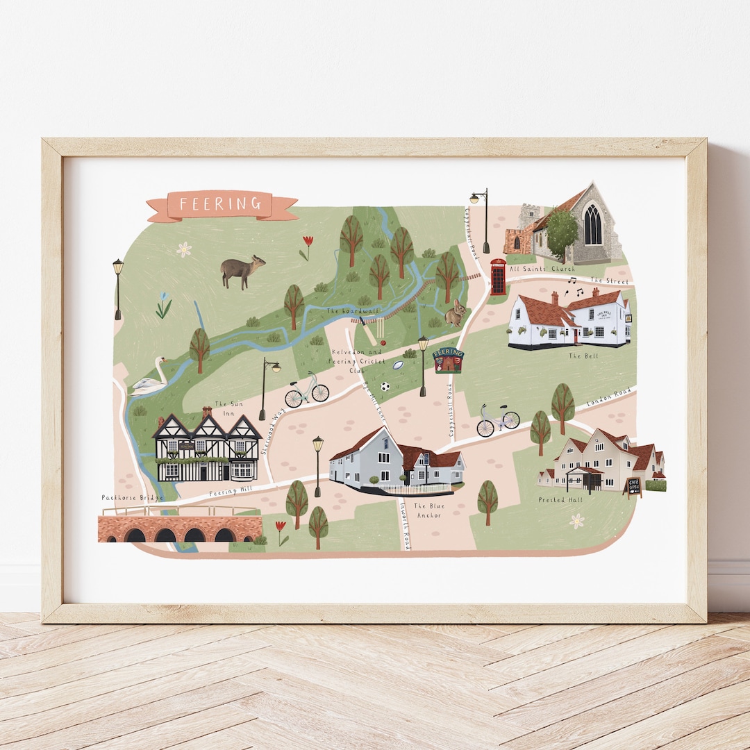 Feering Map, Illustrated Map of Feering, Feering Poster, Feering Print ...