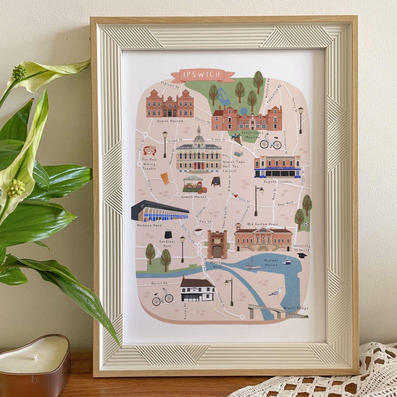 Ipswich Map, Illustrated Map of Ipswich, Ipswich Print, Ipswich Art ...