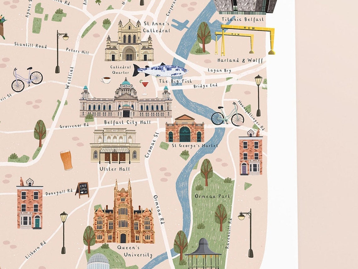 Belfast Map, Illustrated Map of Belfast, Belfast Poster, Belfast Print ...