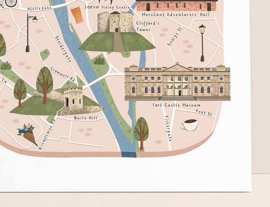 York Map, Illustrated Map of York, York Poster, York Print, York Art ...