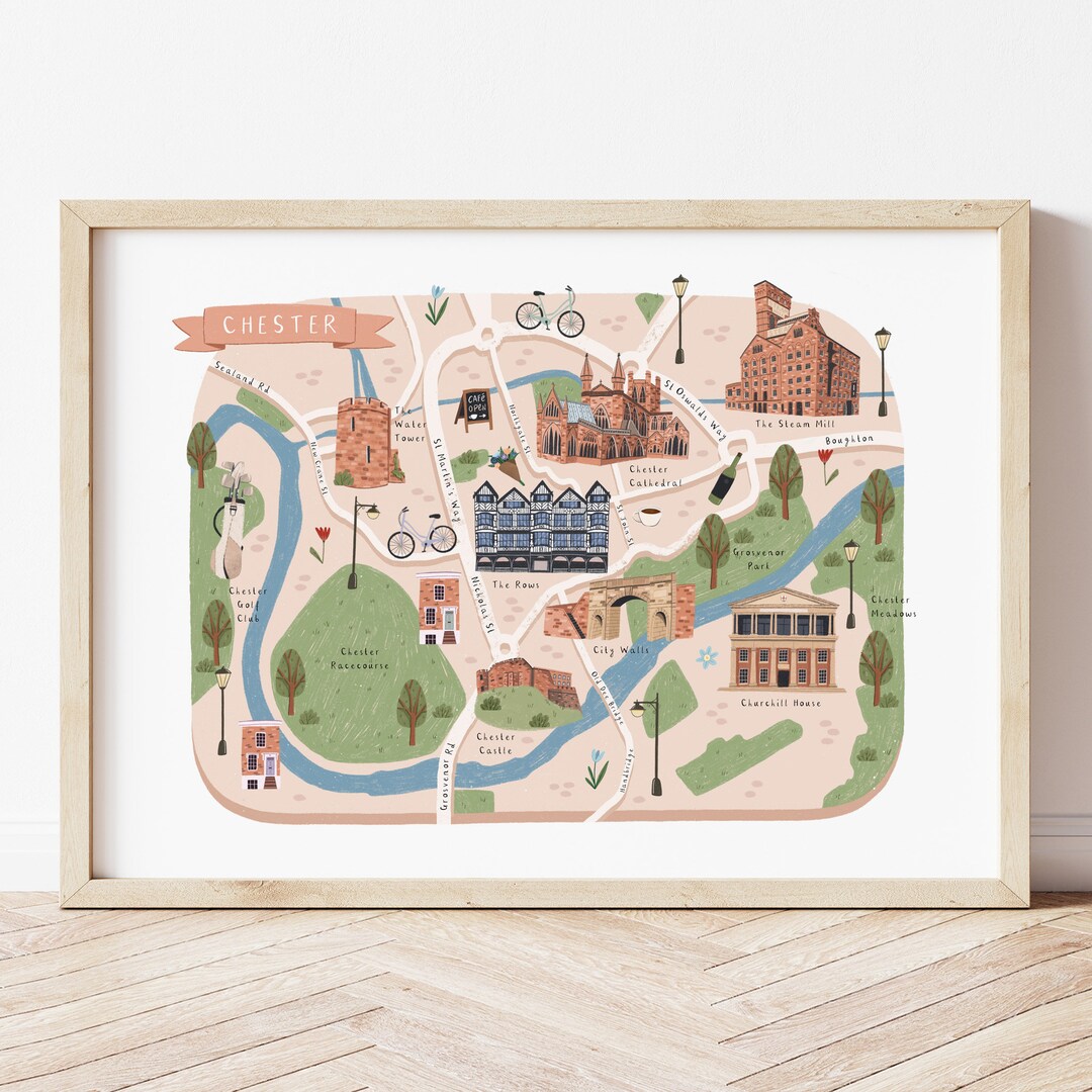 Chester Map, Illustrated Map of Chester, Chester Poster, Chester Print ...