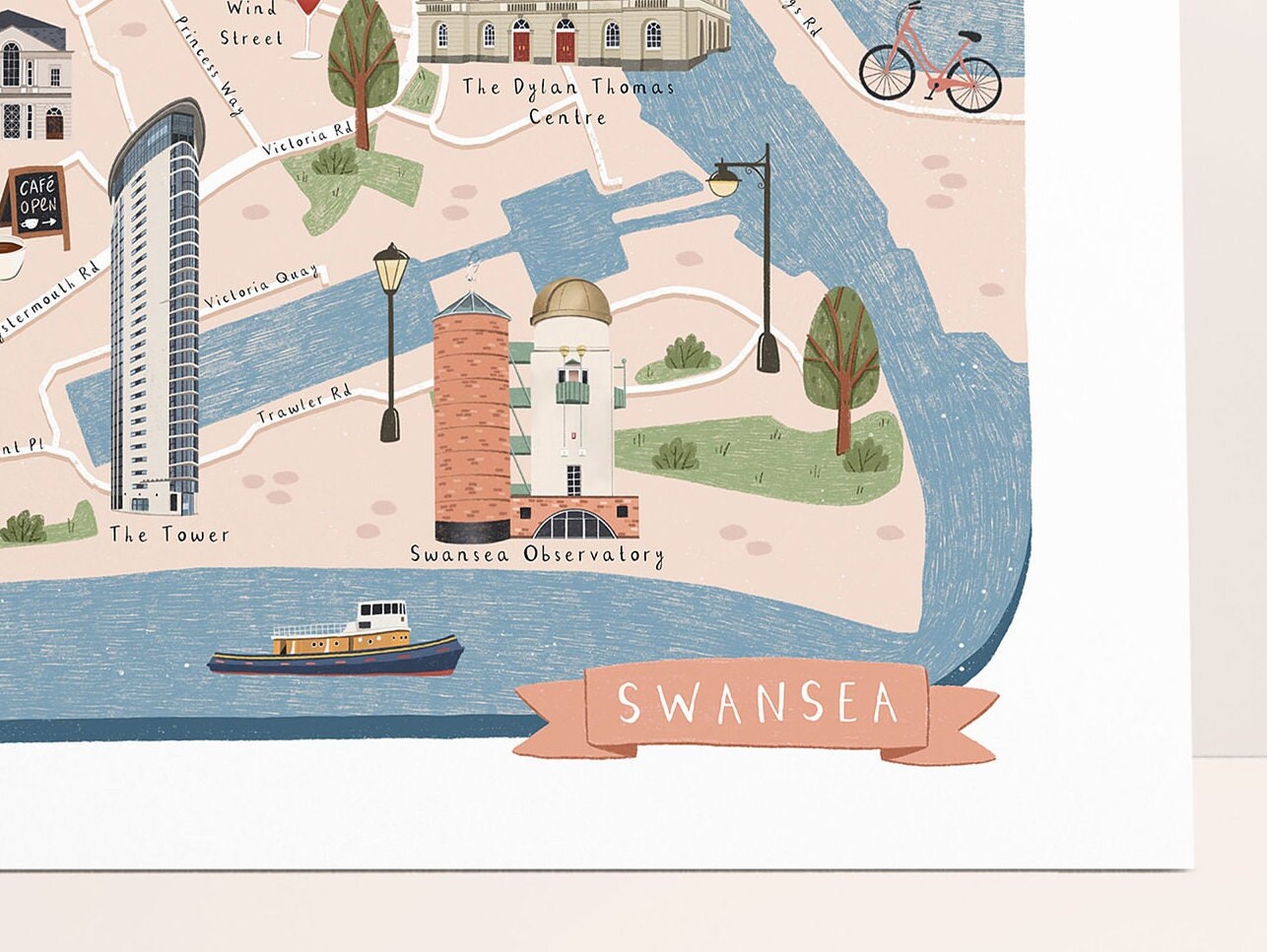 Swansea Map, Illustrated Map of Swansea, Swansea Poster, Swansea Print ...