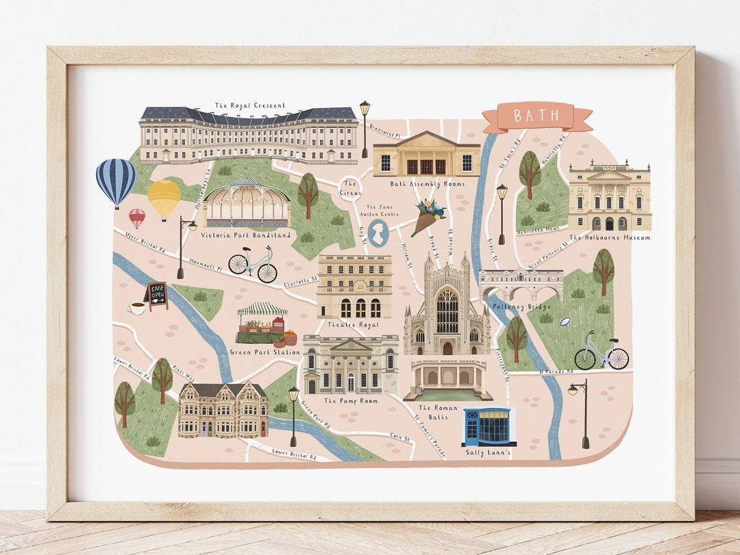 Bath Map, Illustrated Map of Bath, Bath Poster, Bath Print, Bath Art ...