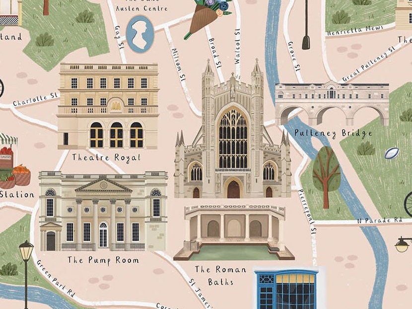 Bath Map, Illustrated Map of Bath, Bath Poster, Bath Print, Bath Art ...