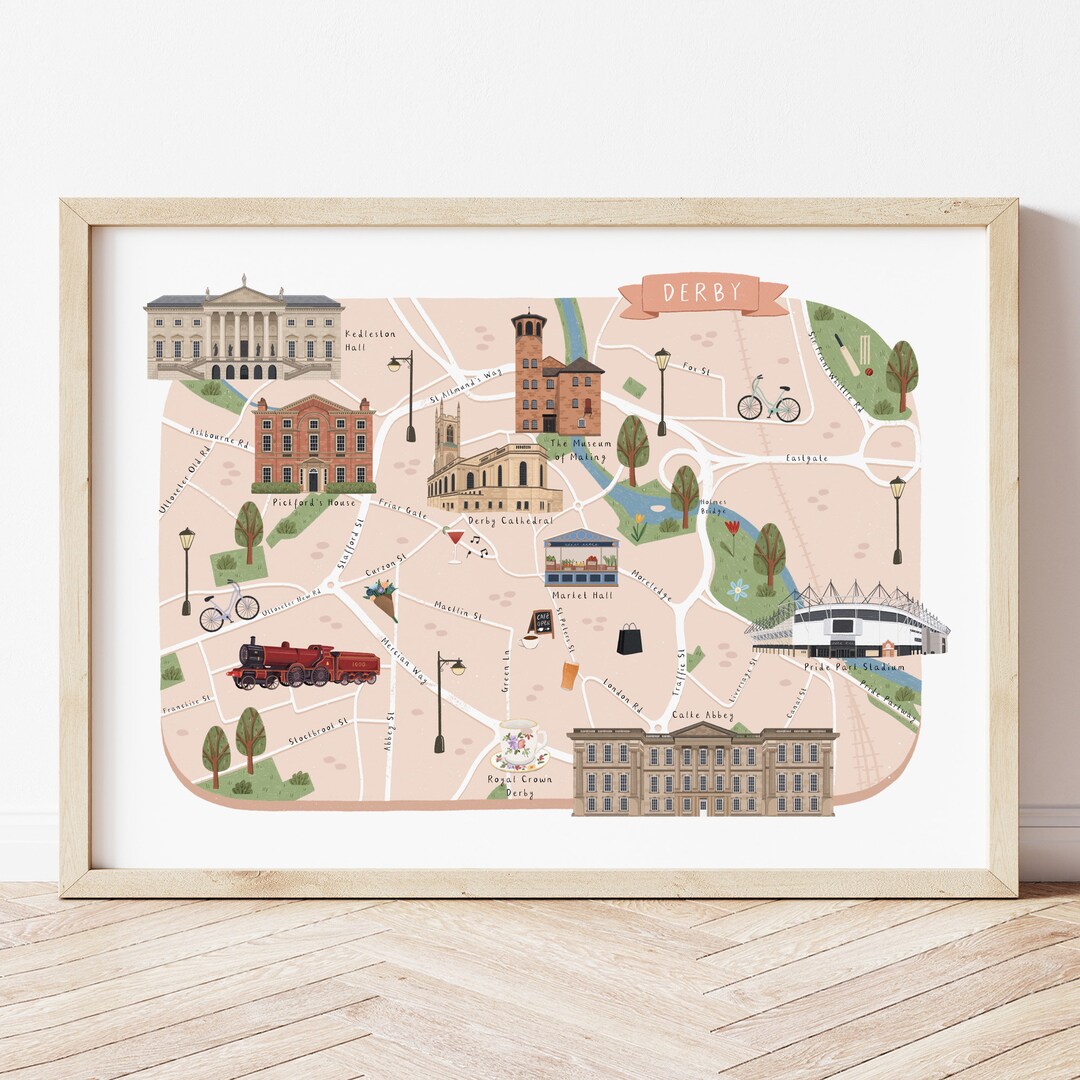 Derby Map, Illustrated Map of Derby, Derby Poster, Derby Print, Derby ...
