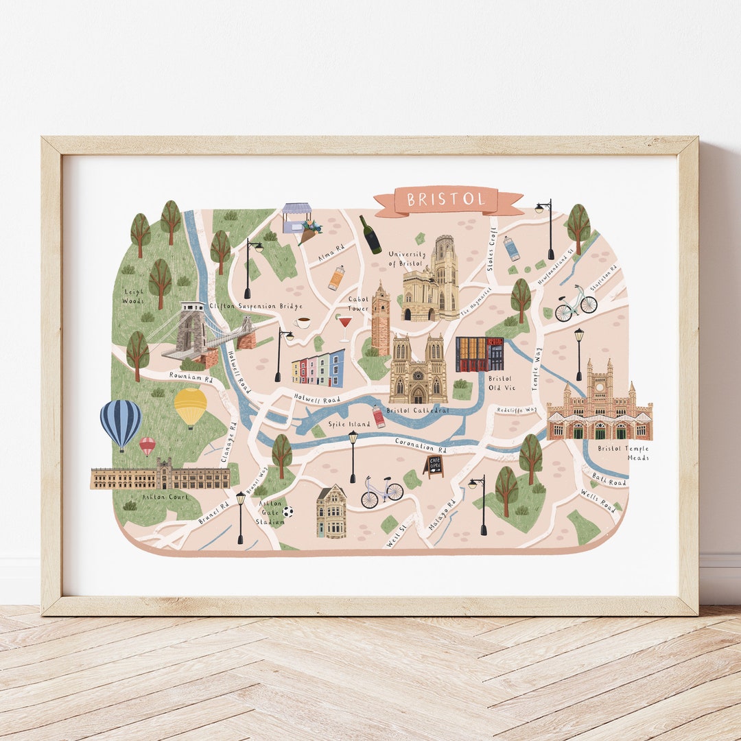 Bristol Map, Illustrated Map of Bristol, Bristol Poster, Bristol Print ...
