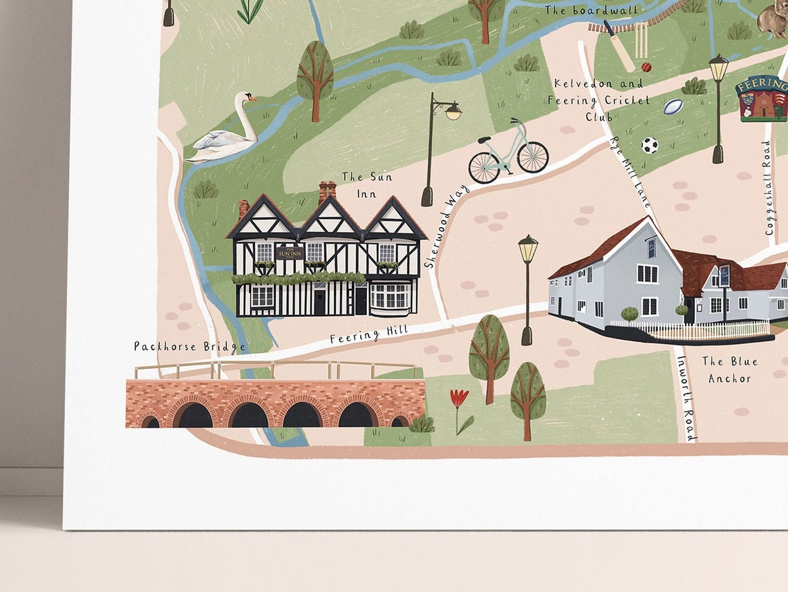 Feering Map, Illustrated Map of Feering, Feering Poster, Feering Print ...