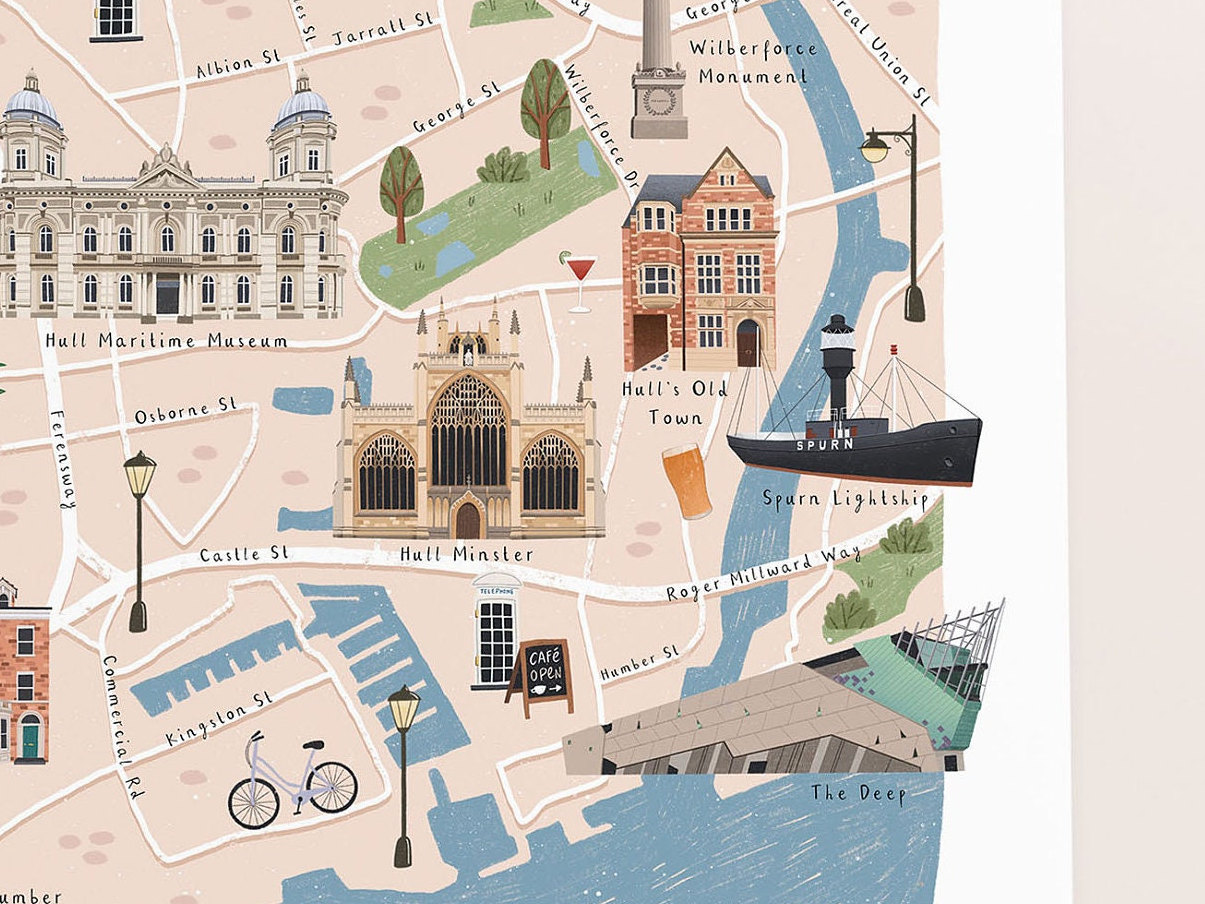 Hull Map, Illustrated Map of Hull, Hull Poster, Hull Print, Hull Art ...