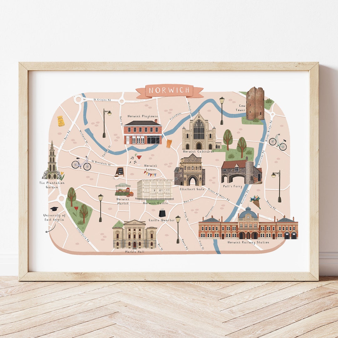 Norwich Map, Illustrated Map of Norwich, Norwich Poster, Norwich Print ...