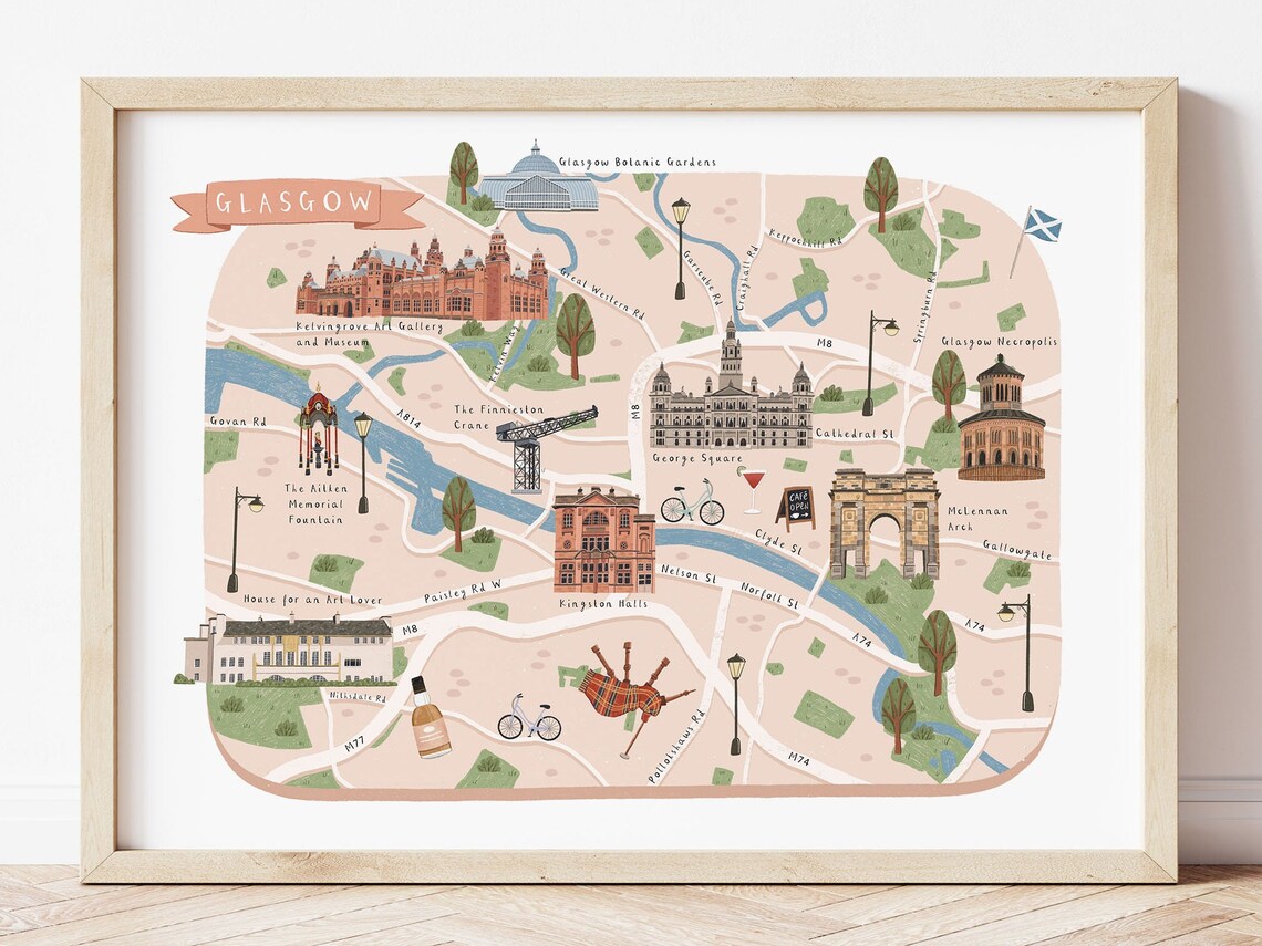 Glasgow Map Illustrated Map of Glasgow Glasgow Poster - Etsy UK