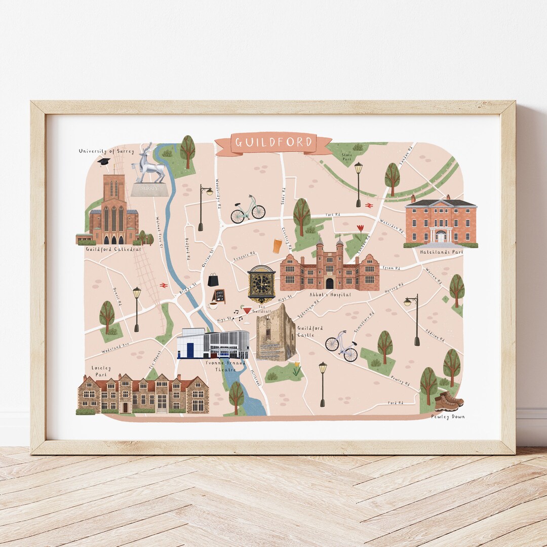 Guildford Map, Illustrated Map of Guildford, Guildford Print, Guildford ...