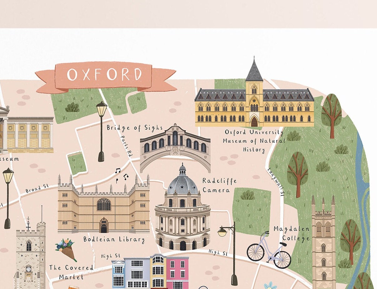 Oxford Map, Oxford Illustrated Map, Oxford University Poster, Oxford ...