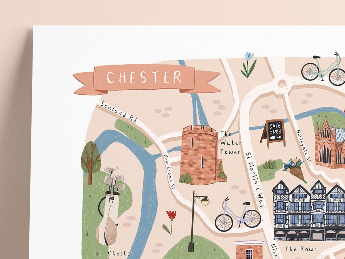 Chester Map, Illustrated Map of Chester, Chester Poster, Chester Print ...
