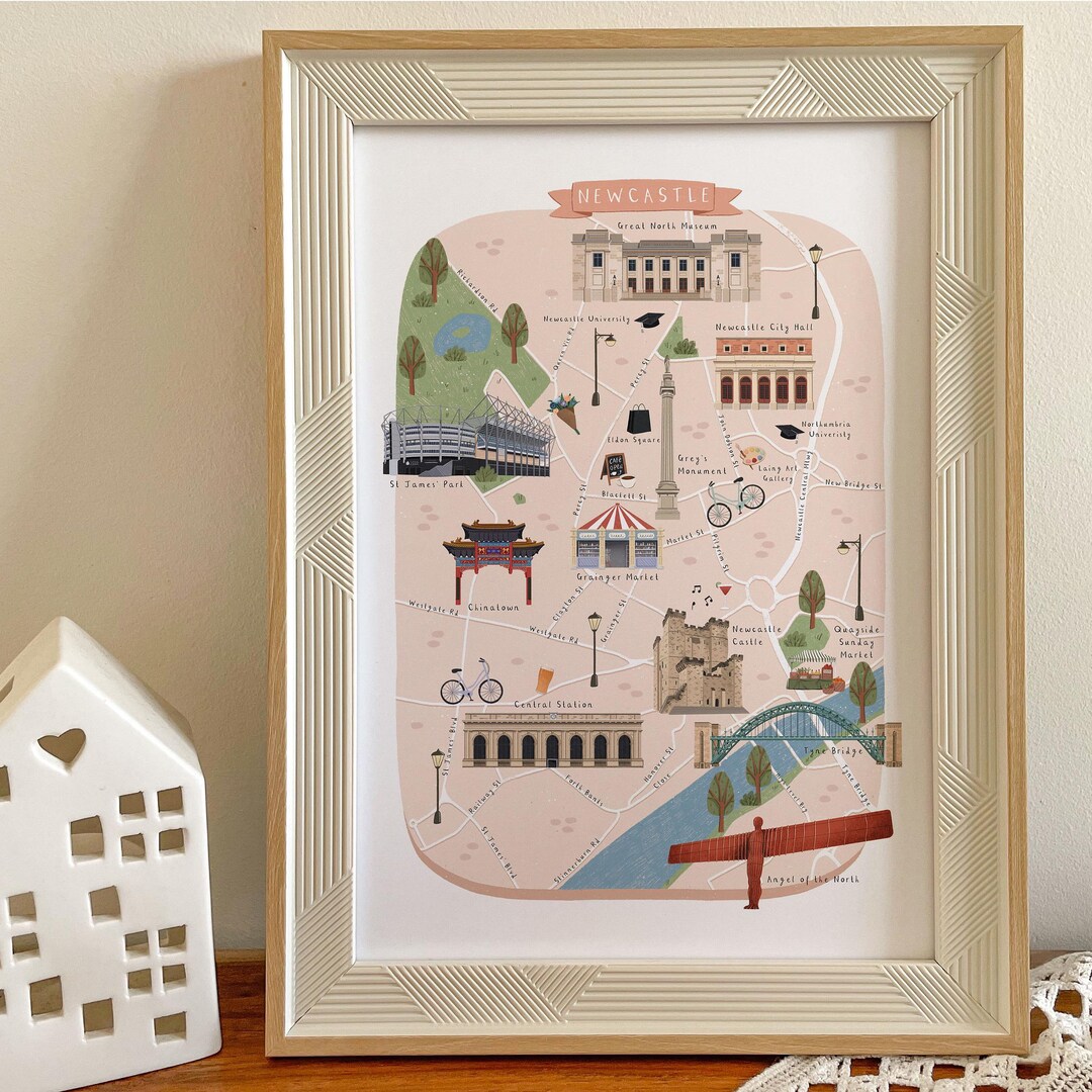 Newcastle Map, Illustrated Map of Newcastle, Newcastle Poster ...