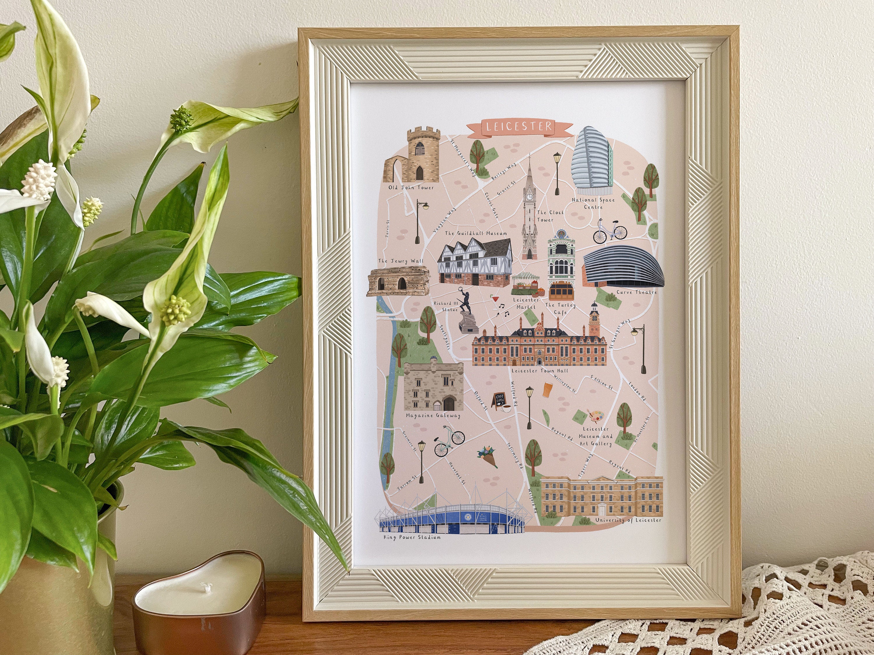 Leicester Map, Illustrated Map of Leicester, Leicester Print, Leicester ...