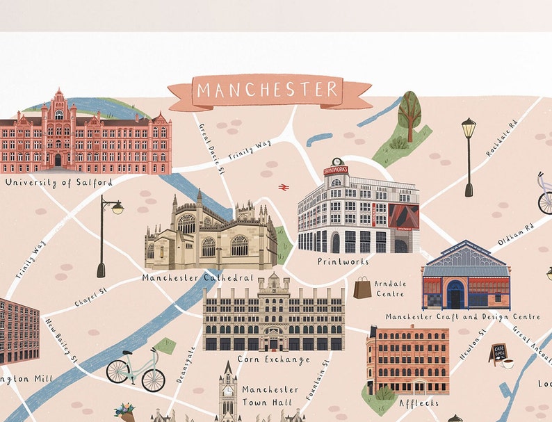 Manchester Map, Illustrated Map of Manchester, Manchester Poster ...