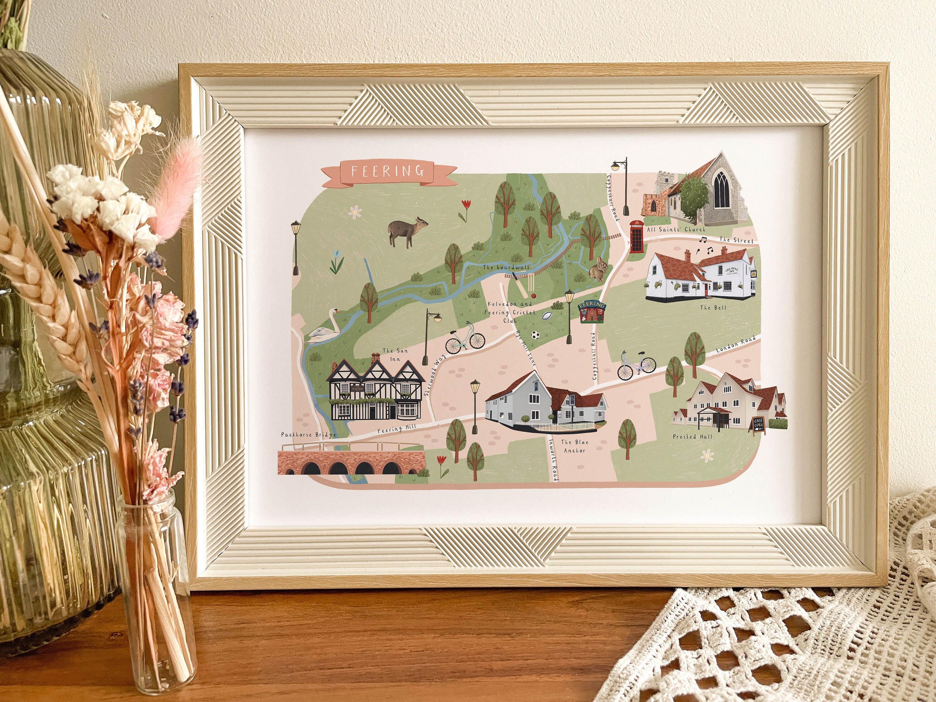 Feering Map, Illustrated Map of Feering, Feering Poster, Feering Print ...
