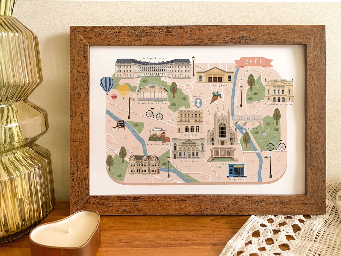 Bath Map, Illustrated Map of Bath, Bath Poster, Bath Print, Bath Art ...