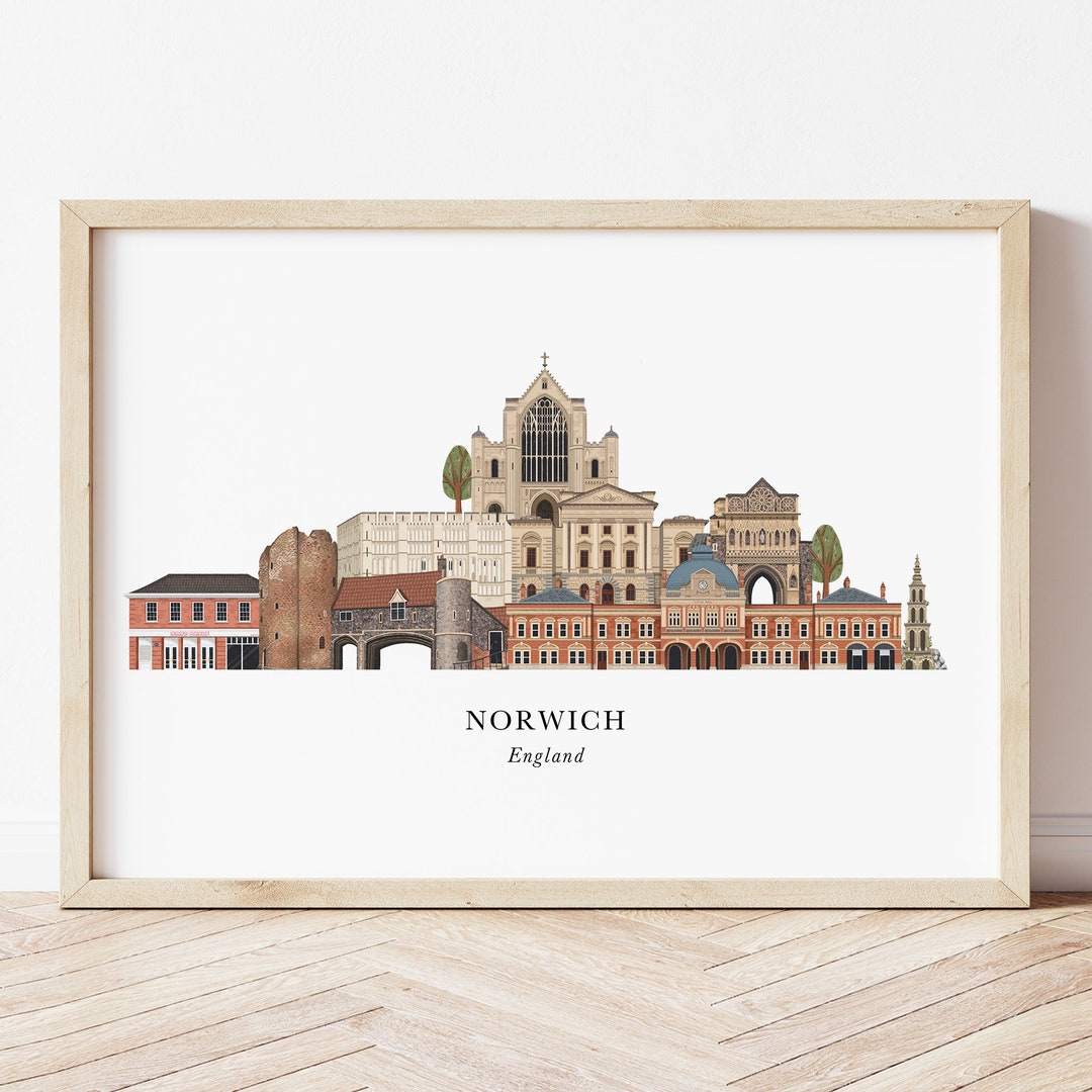 Norwich Skyline Print, Hand Drawn Illustrated Norwich Poster, Colourful ...