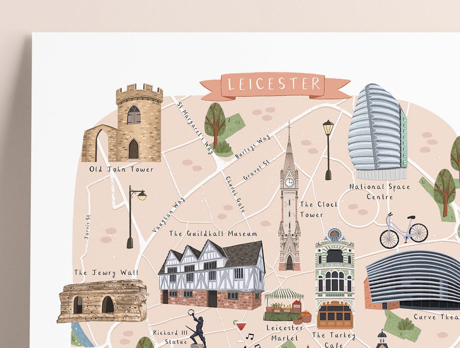 Leicester Map, Illustrated Map of Leicester, Leicester Print, Leicester ...