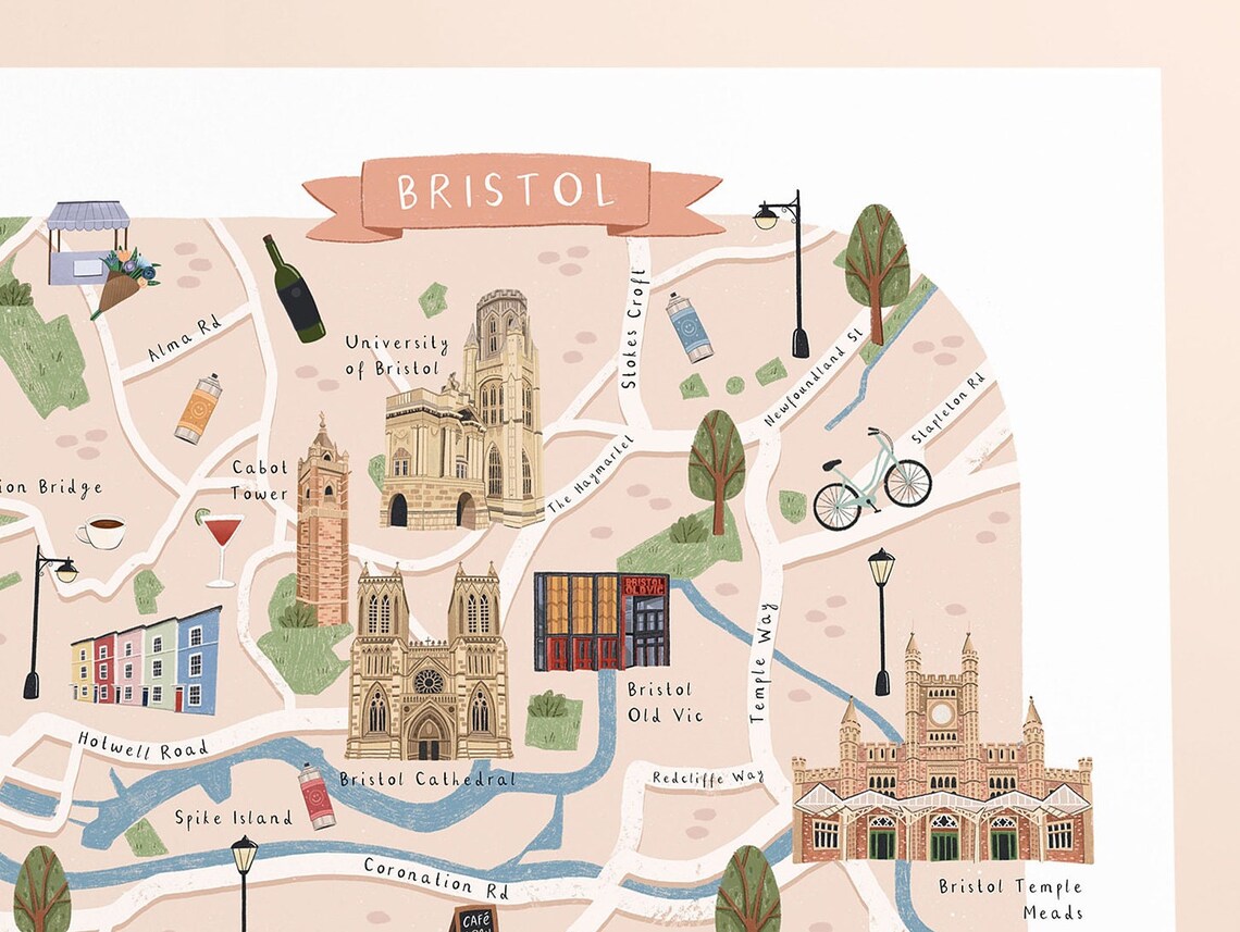 Mapa de Bristol Mapa ilustrado de Bristol Cartel de Bristol - Etsy México