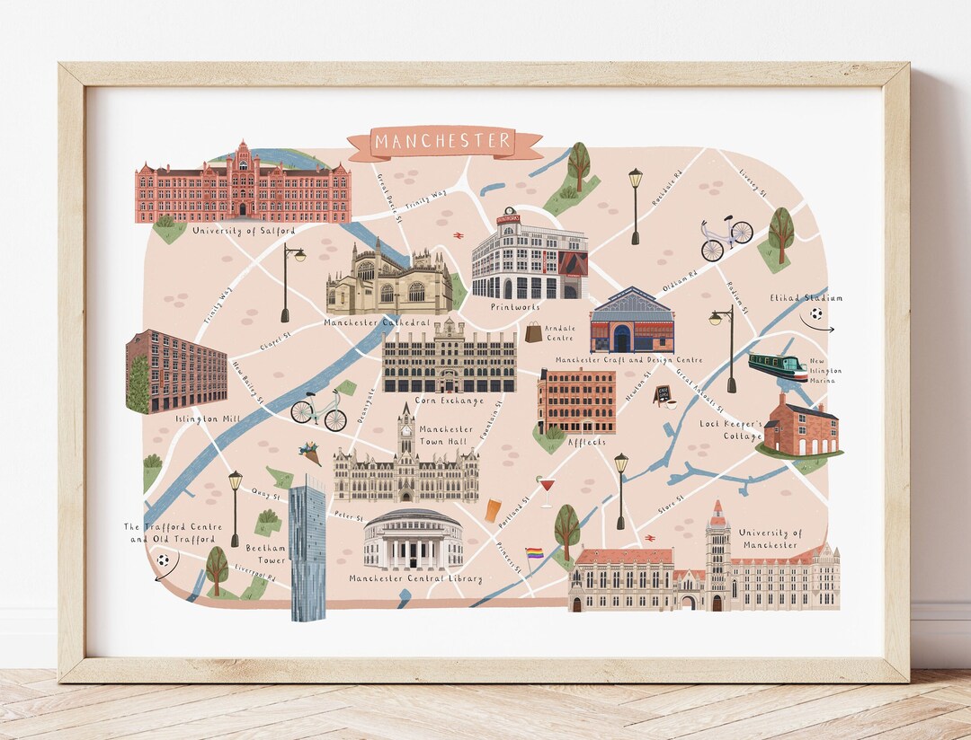 Manchester Map, Illustrated Map of Manchester, Manchester Poster ...