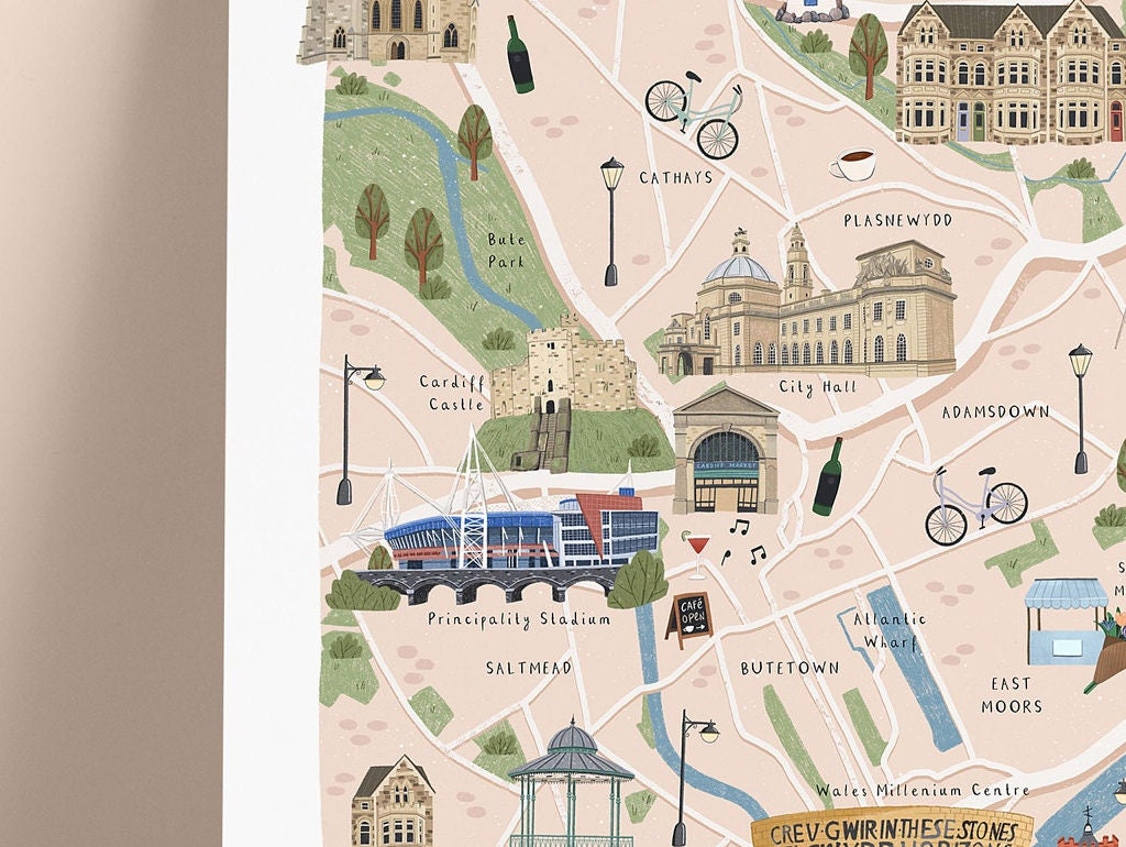 Cardiff Map, Illustrated Map of Cardiff, Cardiff Print, Cardiff Art ...