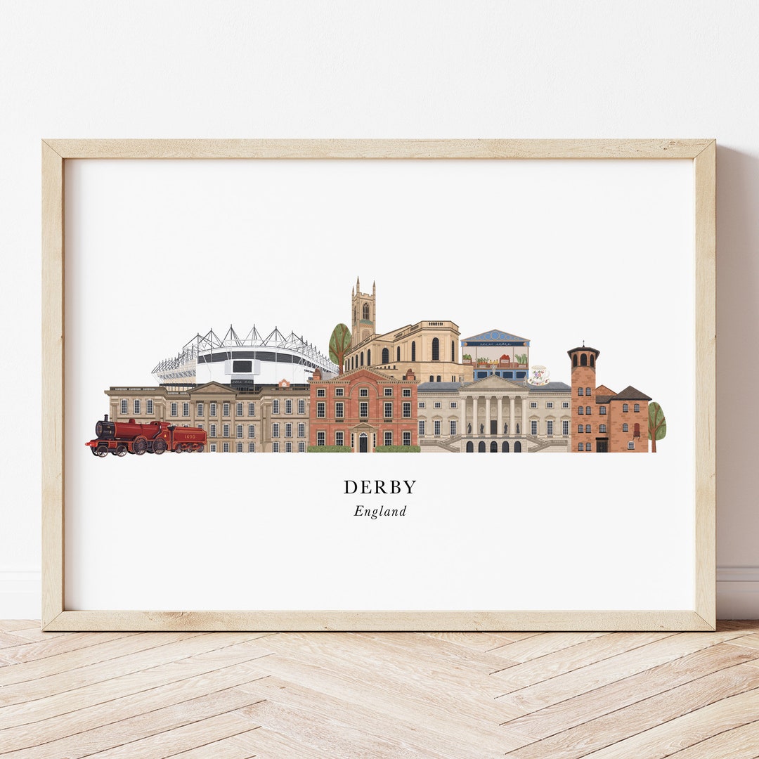 Derby Skyline Print, Hand Drawn Illustrated Derby Poster, Colourful ...