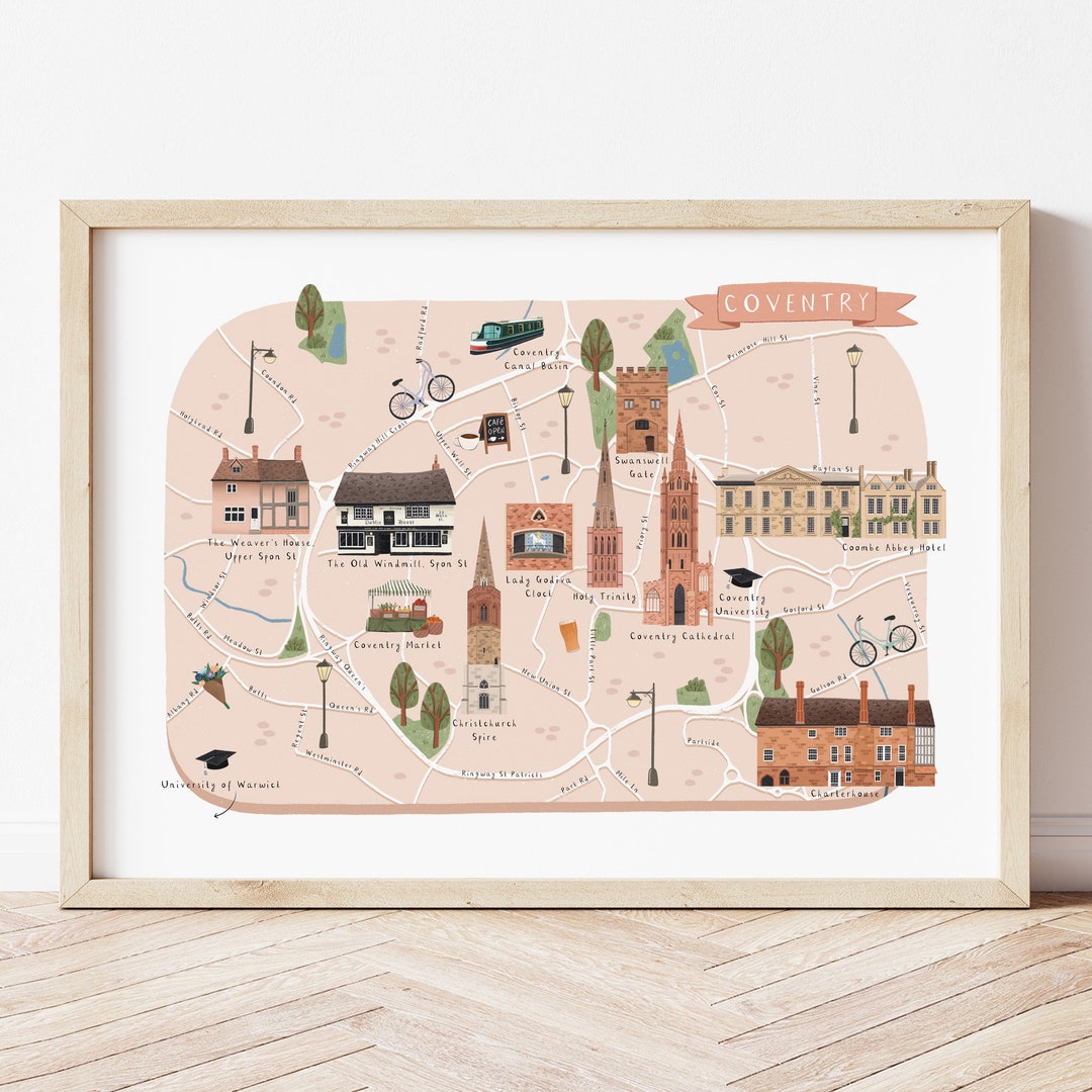 Coventry Map, Illustrated Map of Coventry, Coventry Print, Coventry Art ...