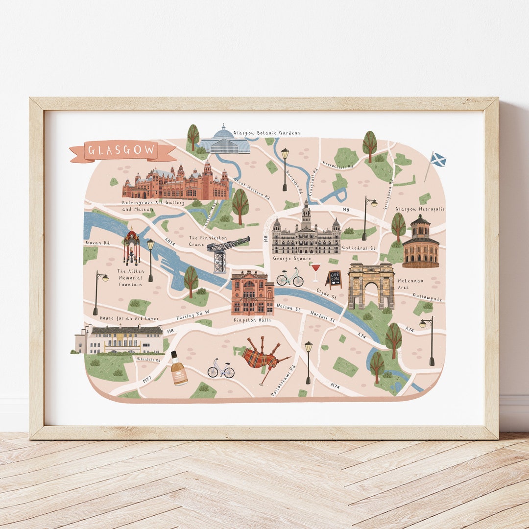 Glasgow Map, Illustrated Map of Glasgow, Glasgow Poster, Glasgow Print ...