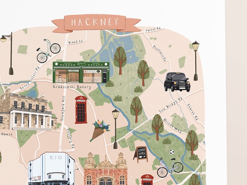 Hackney Map, Illustrated Map of Hackney, Hackney Print, Hackney Art ...