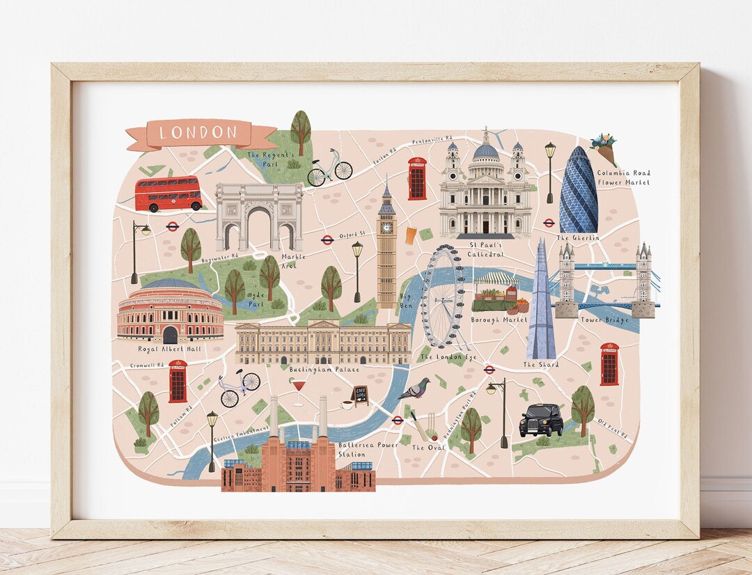 London Map, Illustrated Map of London, London Print, London Art, London ...